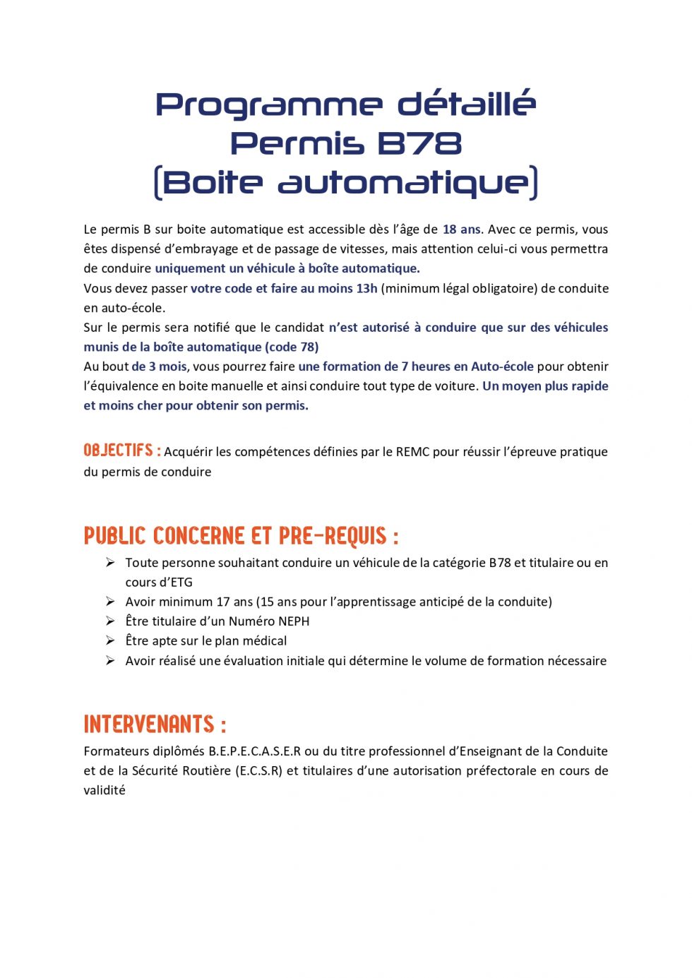 Programme détaillé Permis B78 | Mdriving