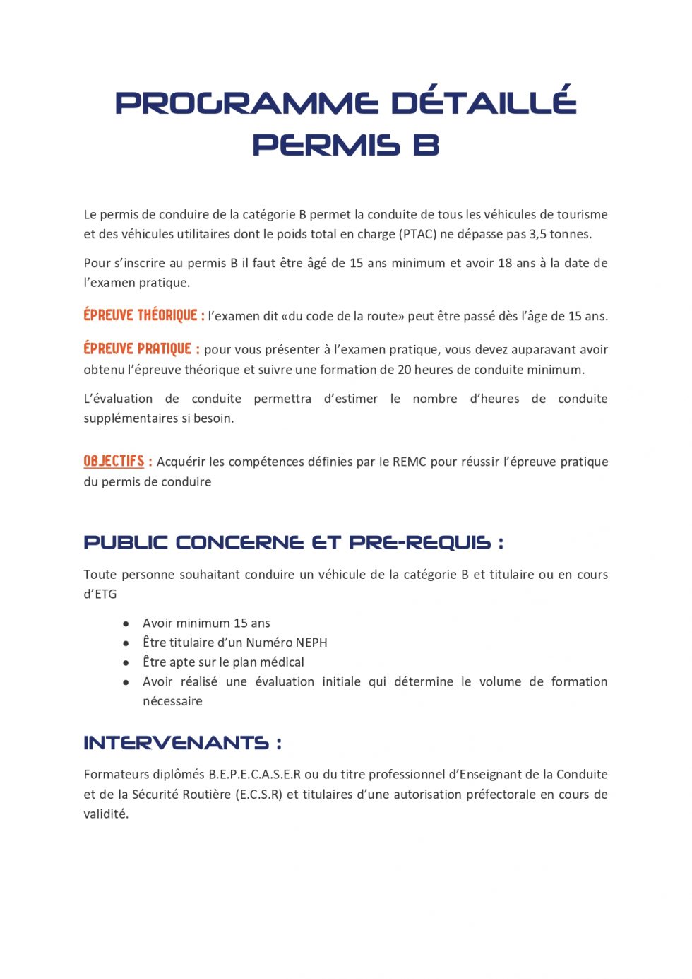 Programme Permis B | Mdriving